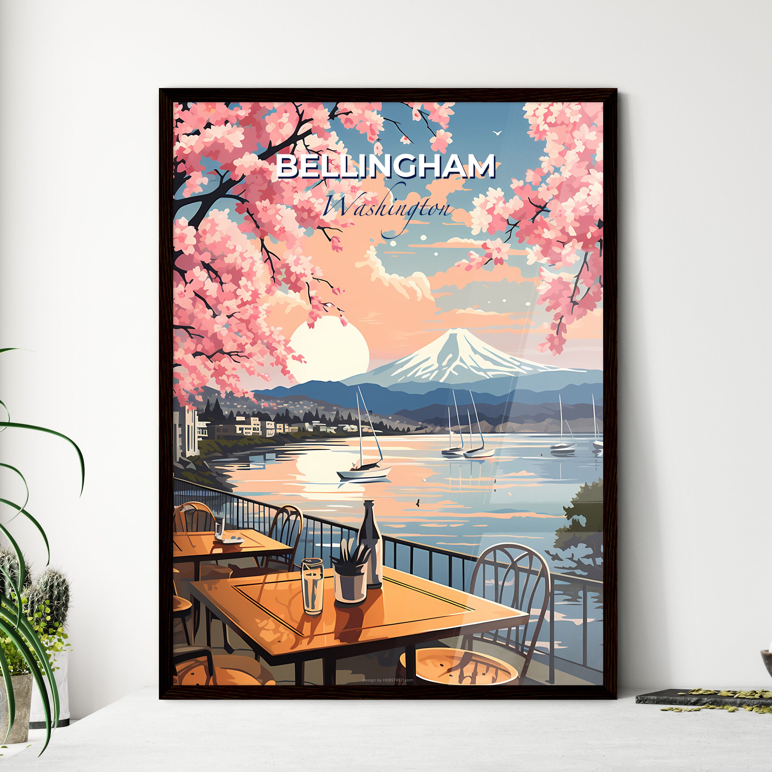 Bellingham, Washington, A Poster of a table and chairs on a waterfront ...