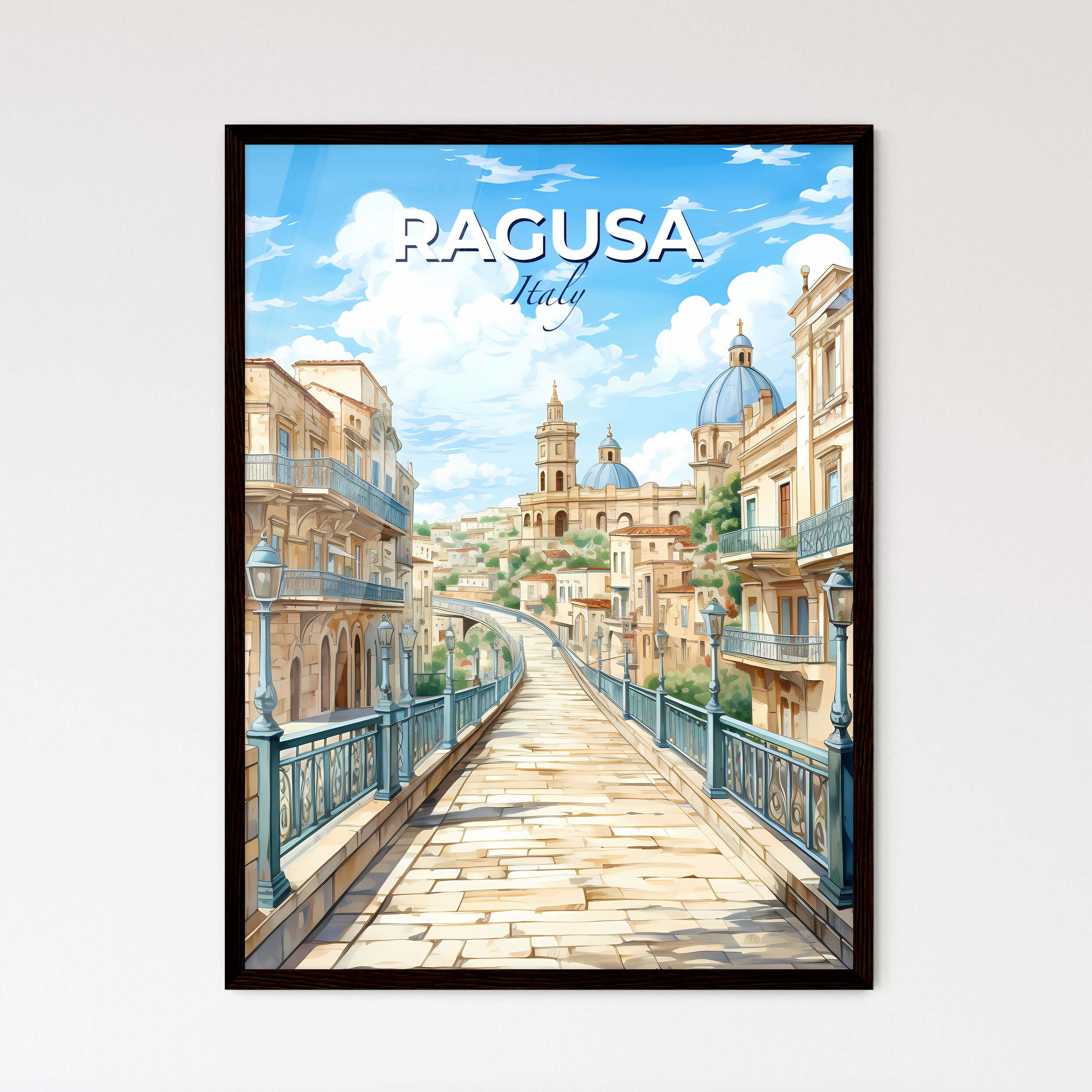Ragusa, Italy, A Poster of a street with buildings and a bridge by ...