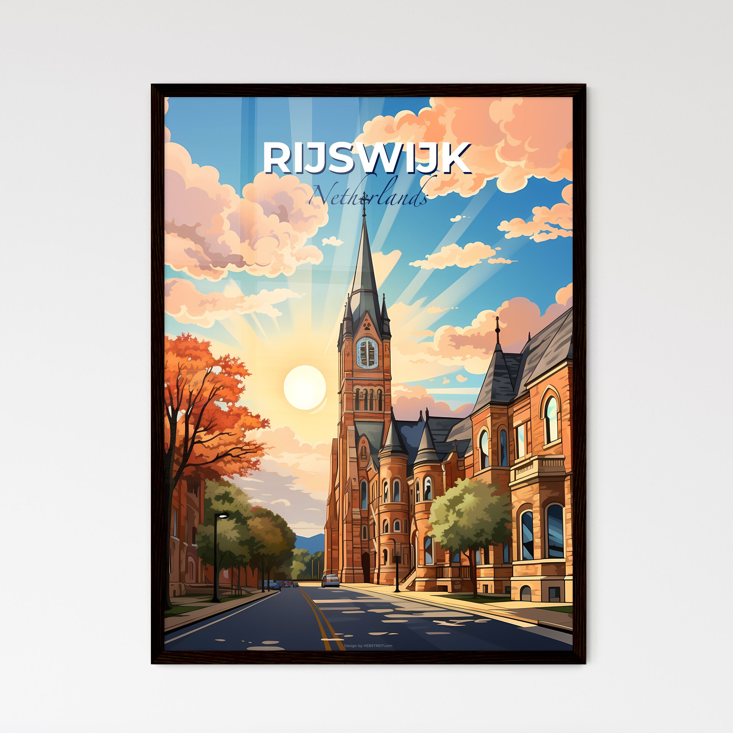 Rijswijk, Netherlands, A Poster of a church with a steeple and trees on ...