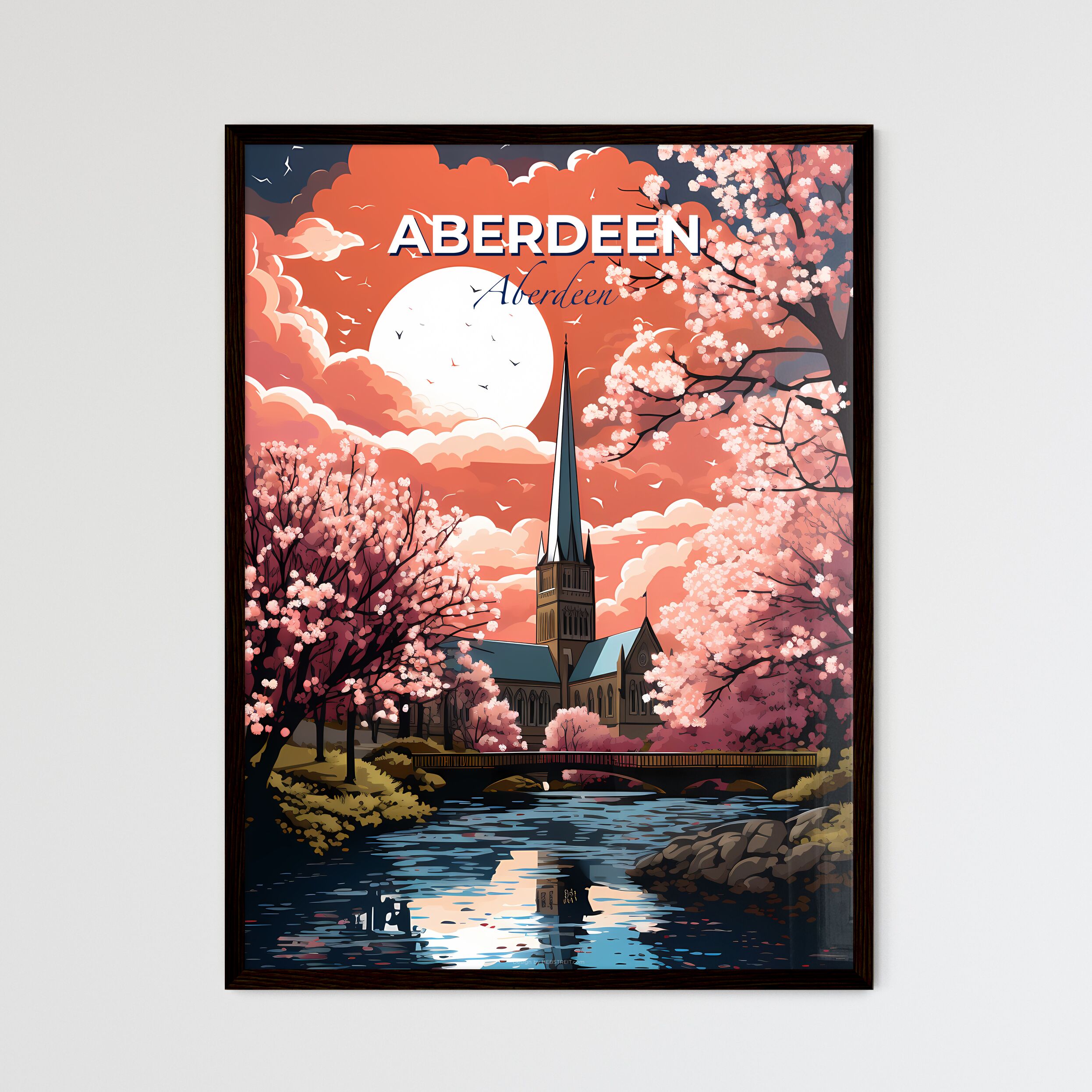 Aberdeen, Aberdeen, A Poster of a church with a bridge and trees by ...