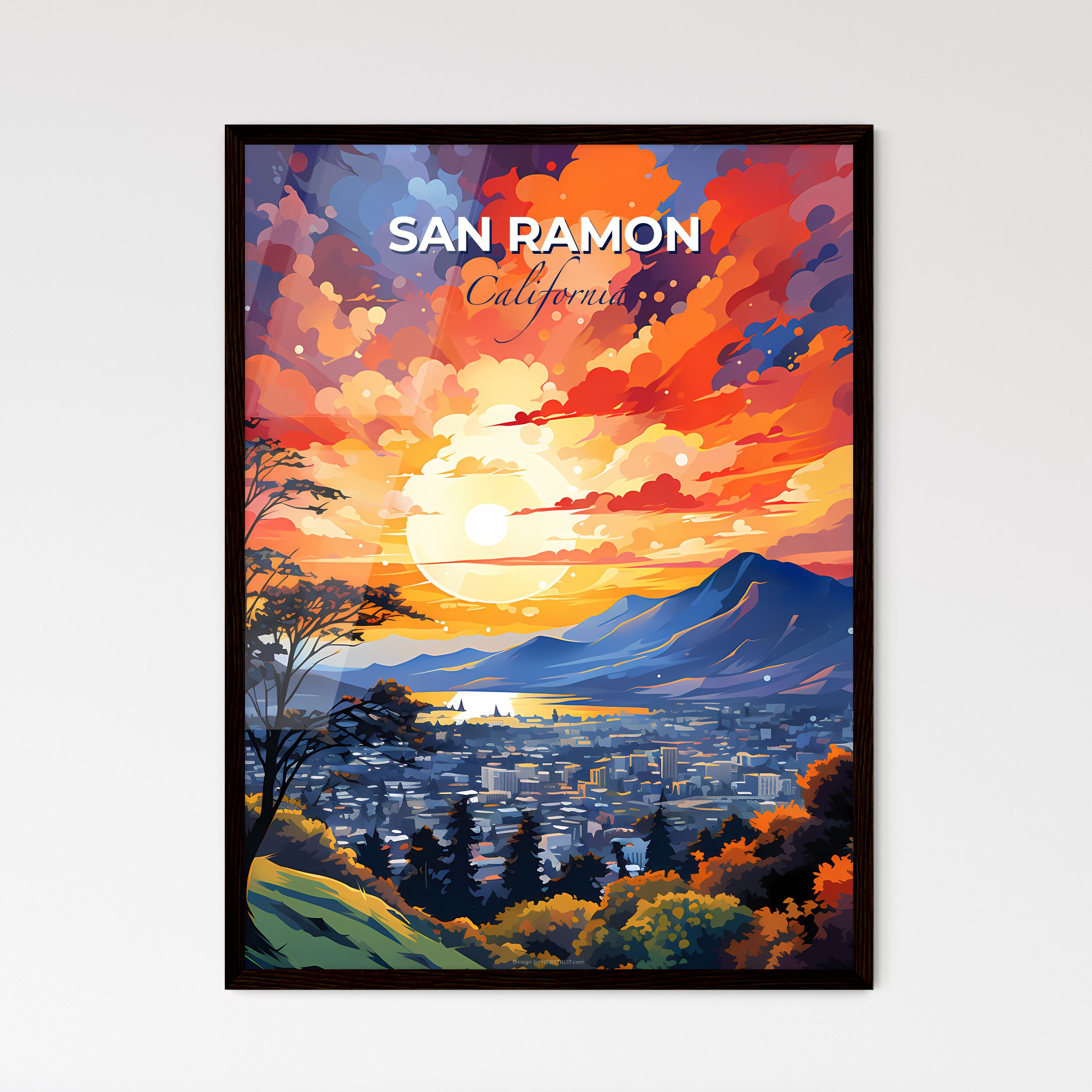 San Ramon, California, A Poster of a colorful sunset over a city by ...