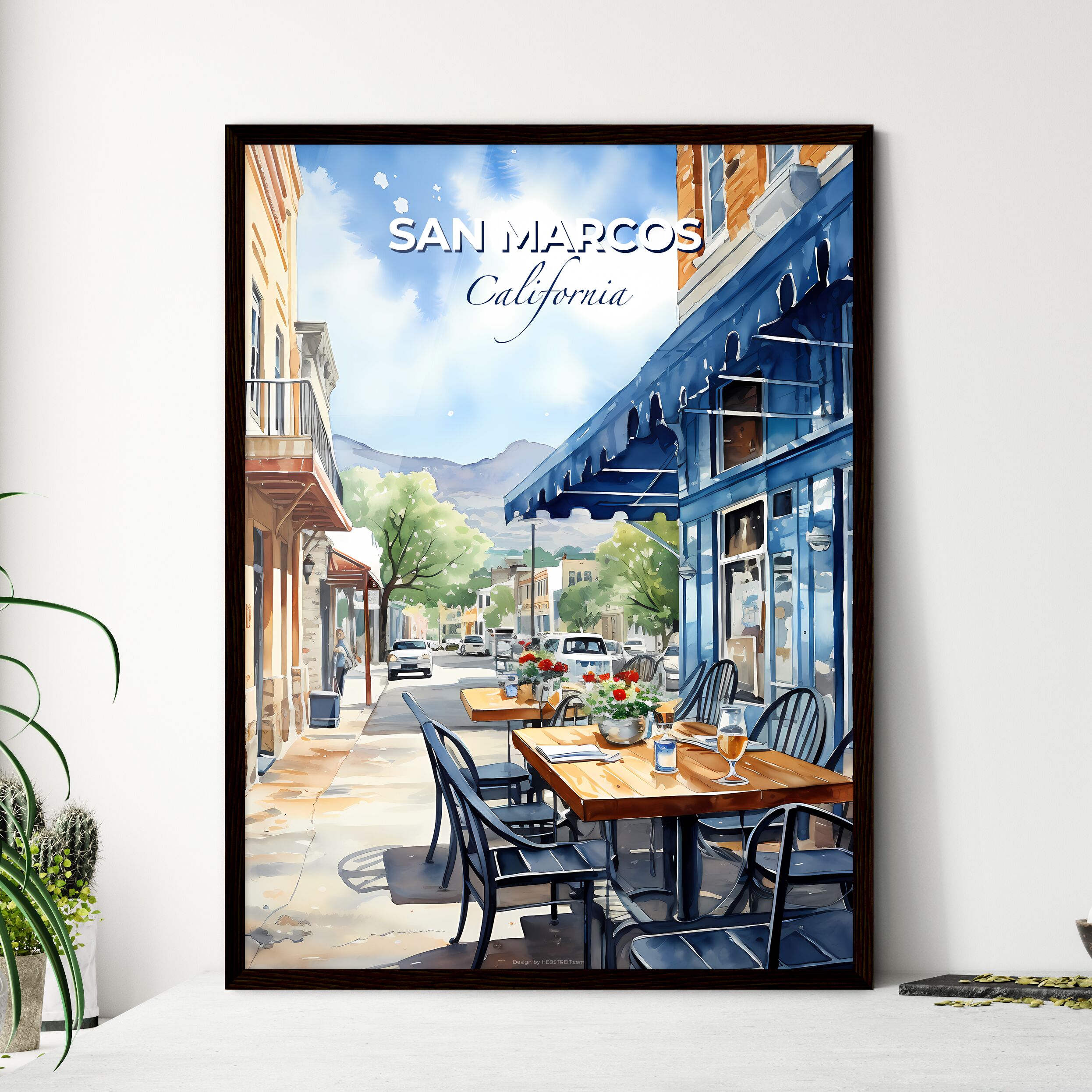 San Marcos, California, A Poster of a watercolor of a street with ...