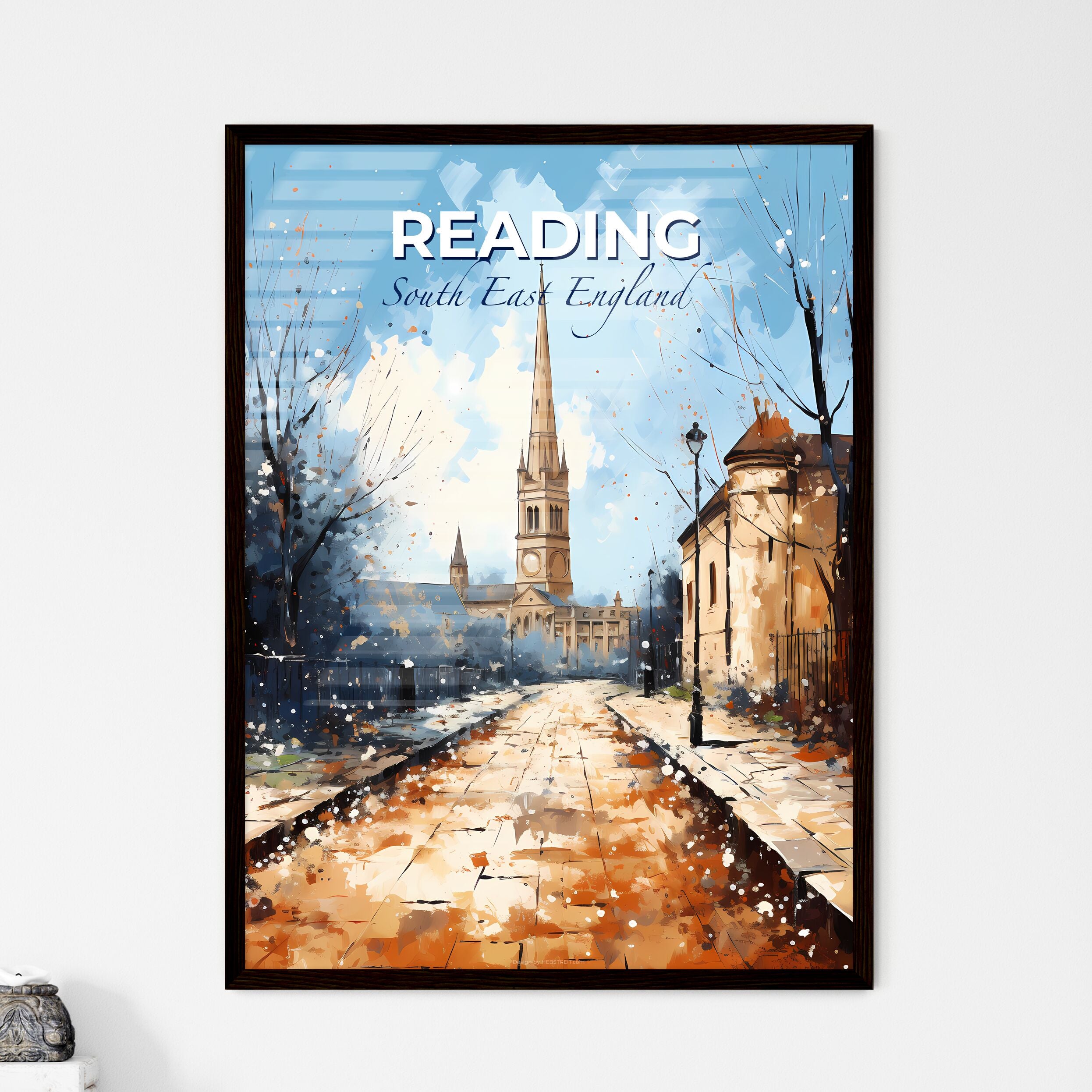 Reading, South East England, A Poster of a street with a church and ...