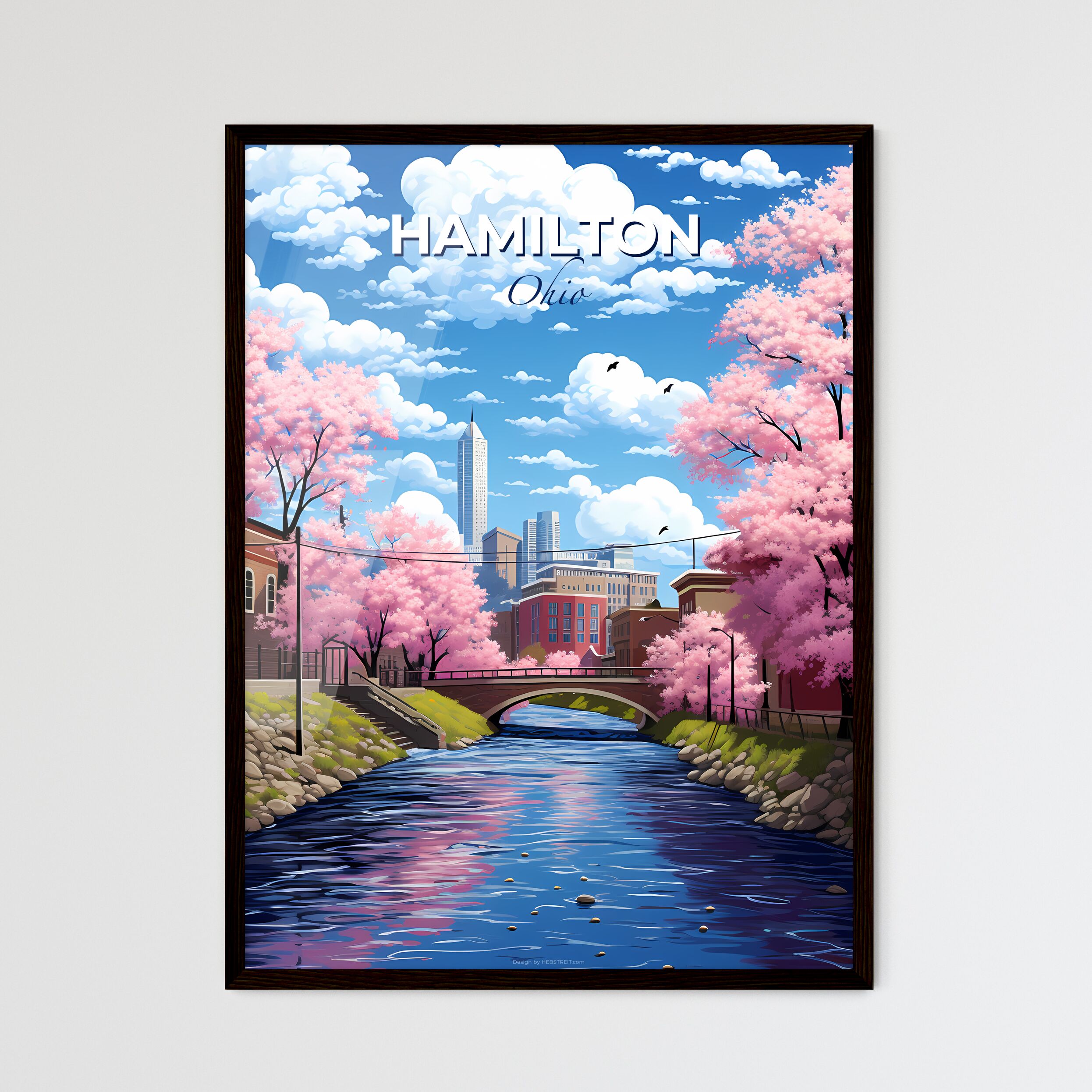 Hamilton, Ohio, A Poster of a river with pink trees and a bridge by ...