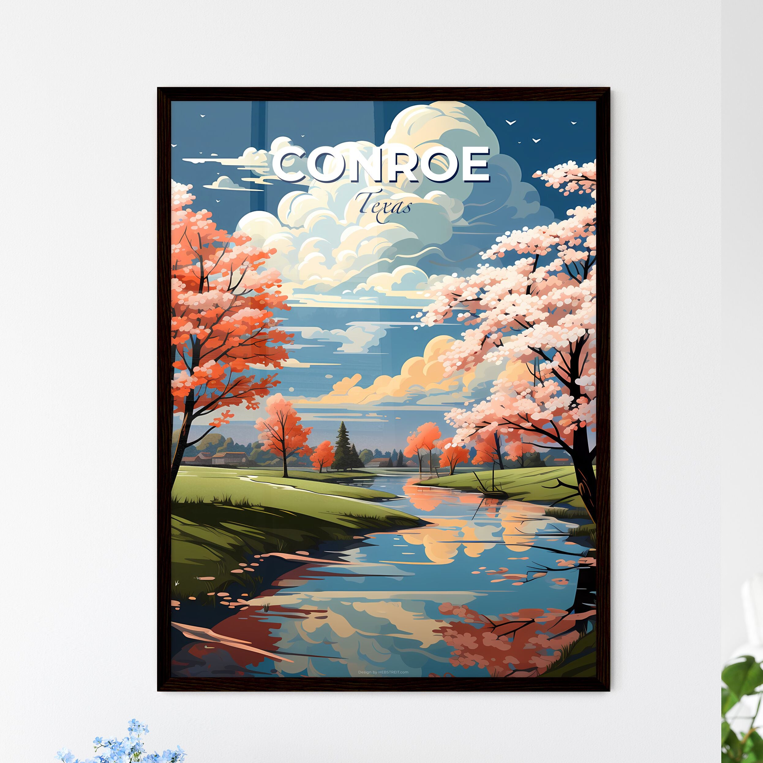 Conroe, Texas, A Poster of a river running through a grassy area with ...