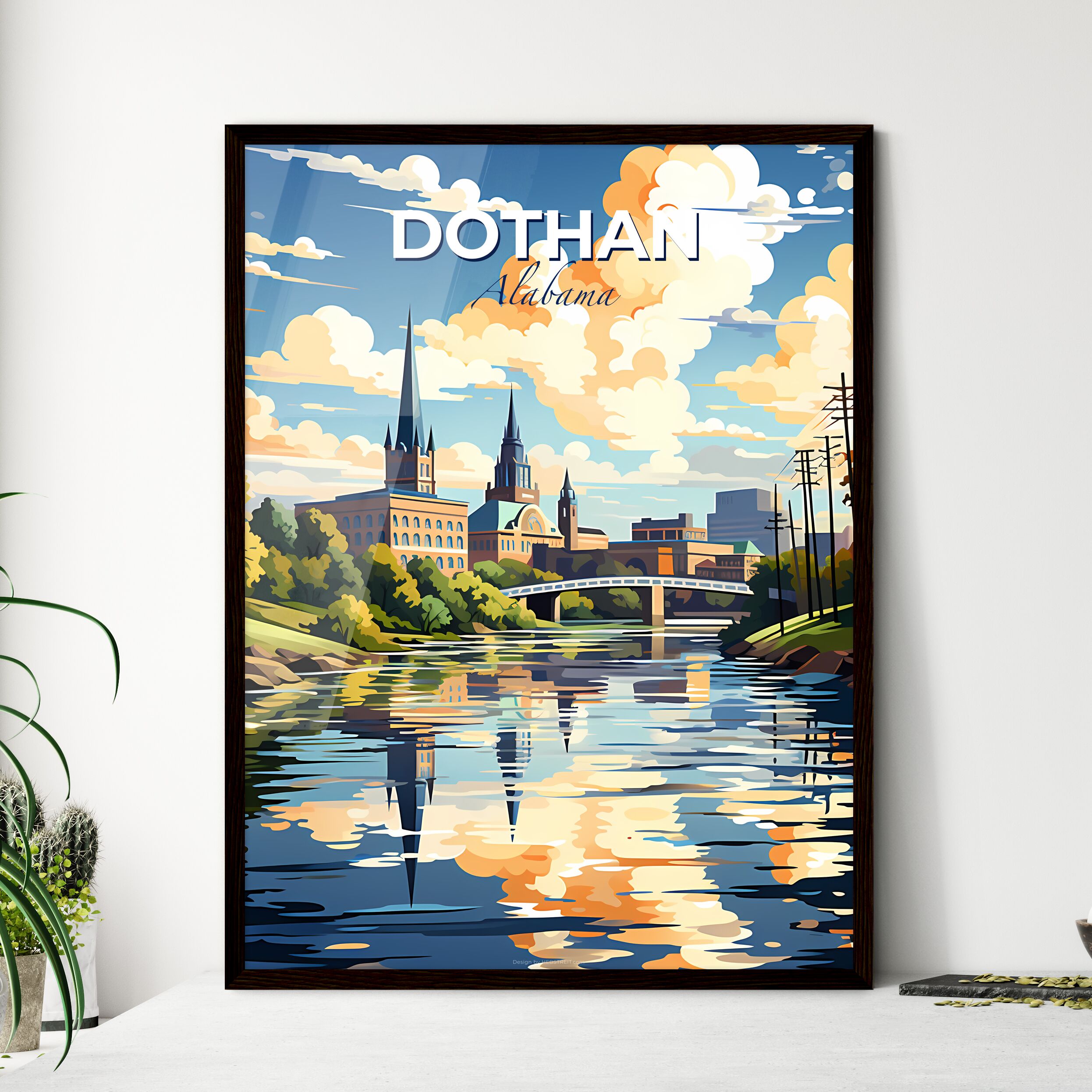 Dothan, Alabama, A Poster of a painting of a city with a bridge and ...