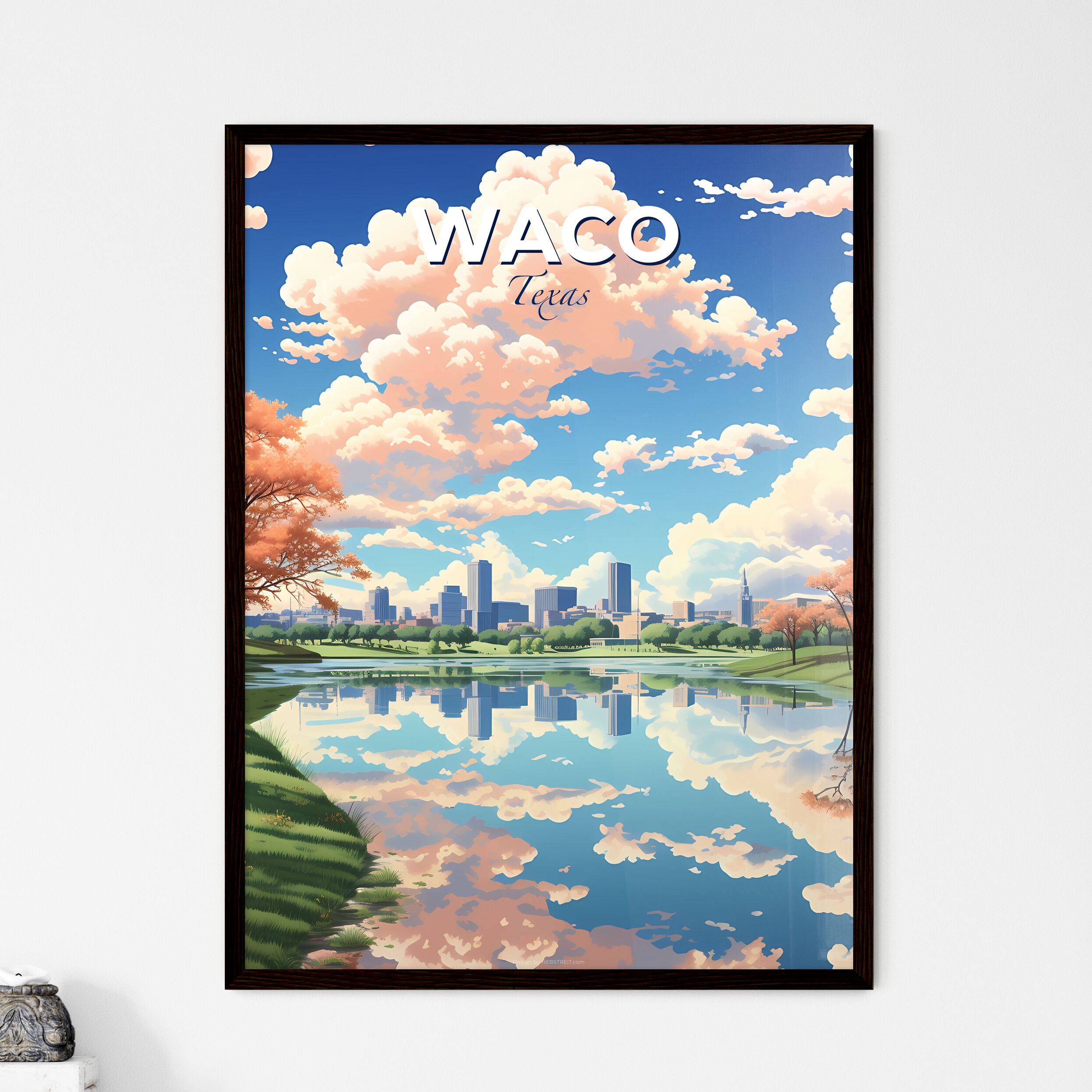 Waco, Texas, A Poster of a water body with trees and a city in the ...