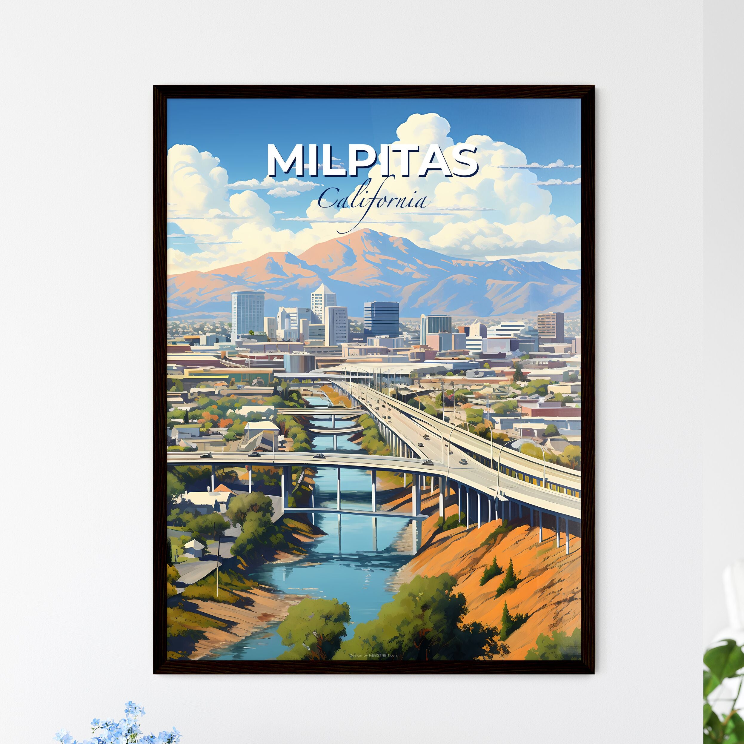 Milpitas, California, A Poster of a bridge over a river with buildings ...