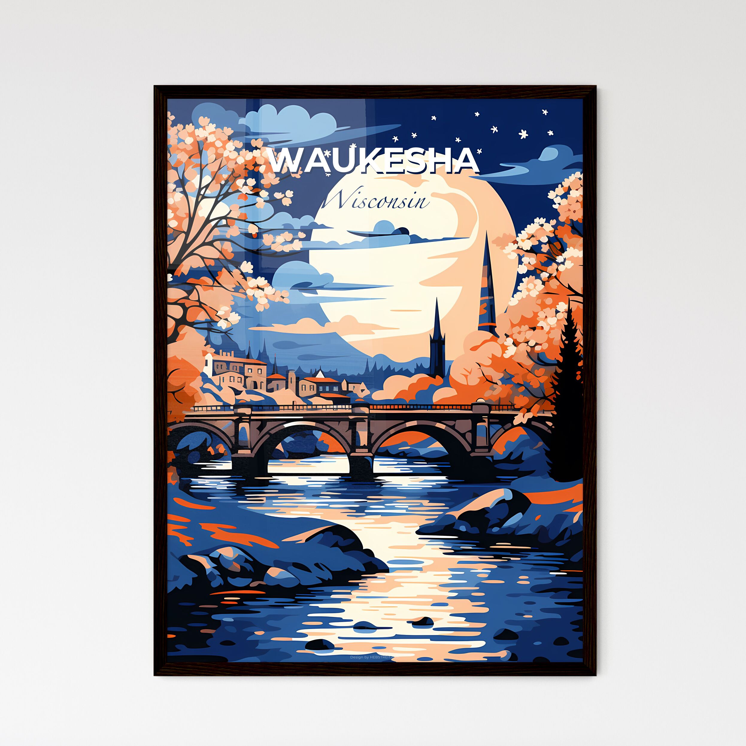 Waukesha, Wisconsin, A Poster of a painting of a bridge over a river by ...