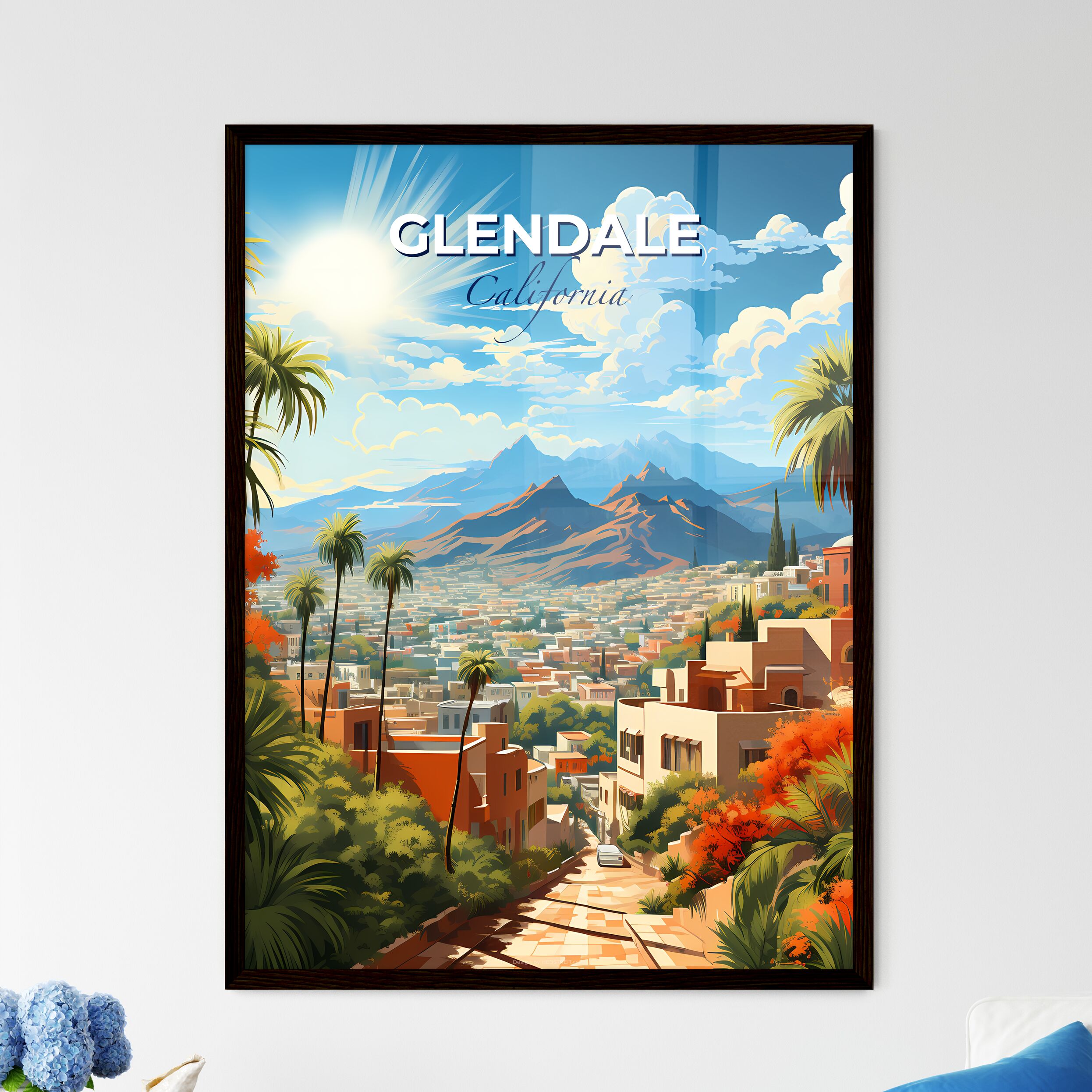 Glendale, California, A Poster of a city with palm trees and mountains ...