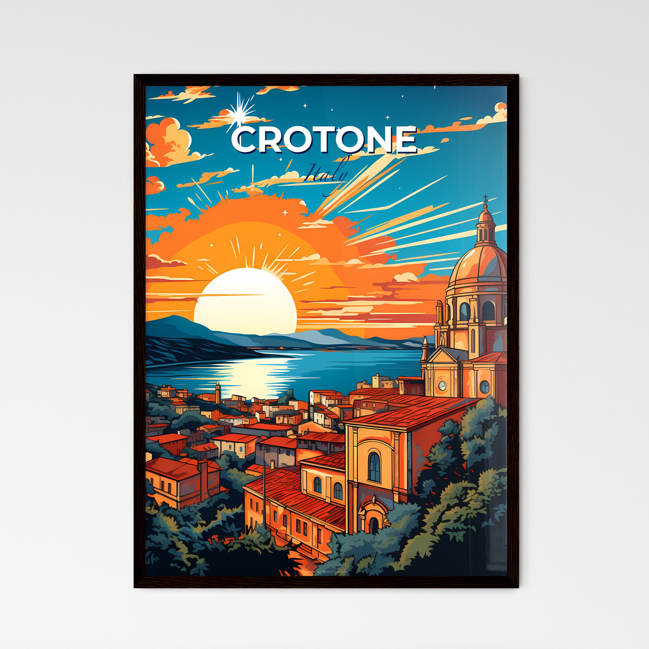 Crotone, Italy, A Poster of a city with a large dome and a body of ...