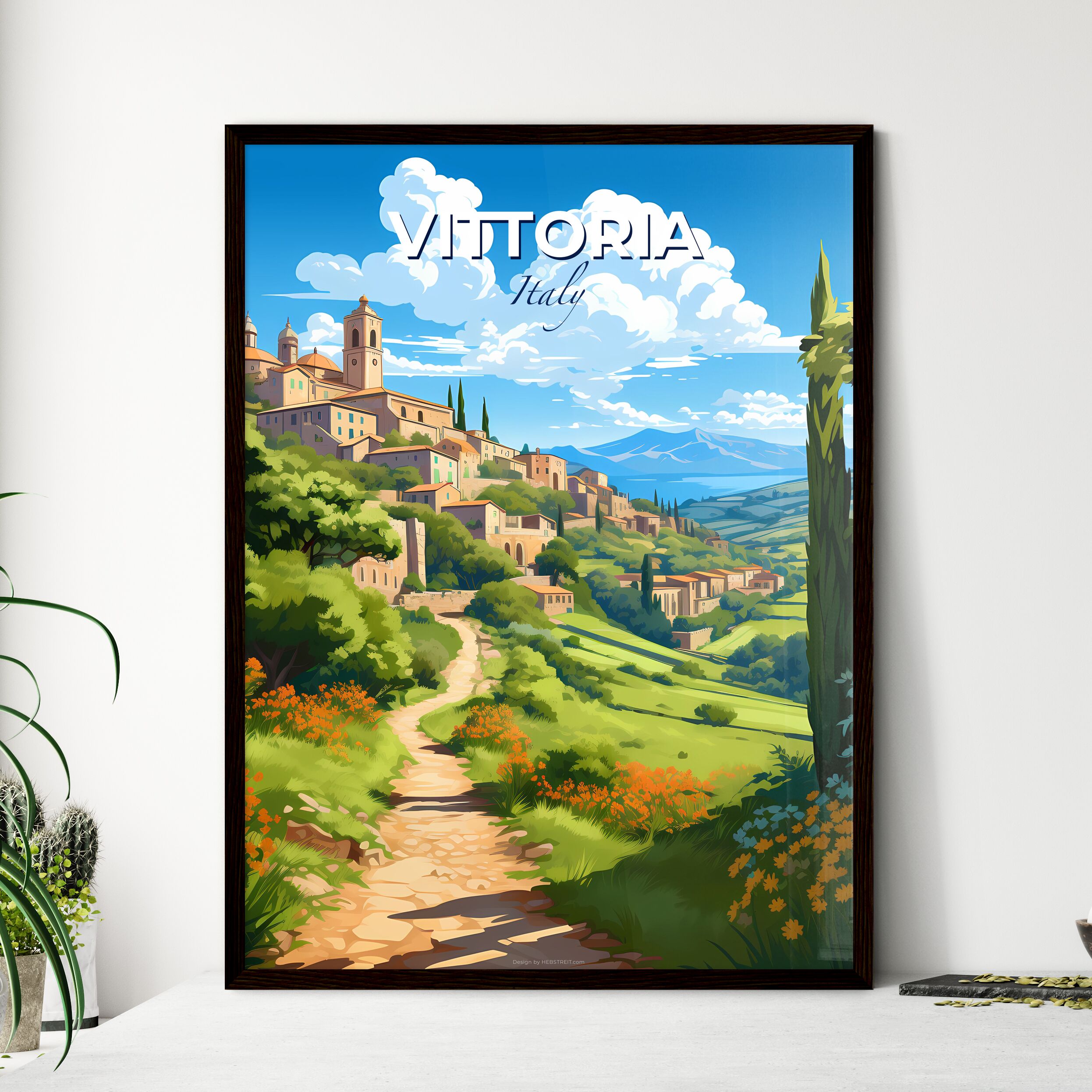 Vittoria, Italy, A Poster of a landscape with a path and a town on the ...