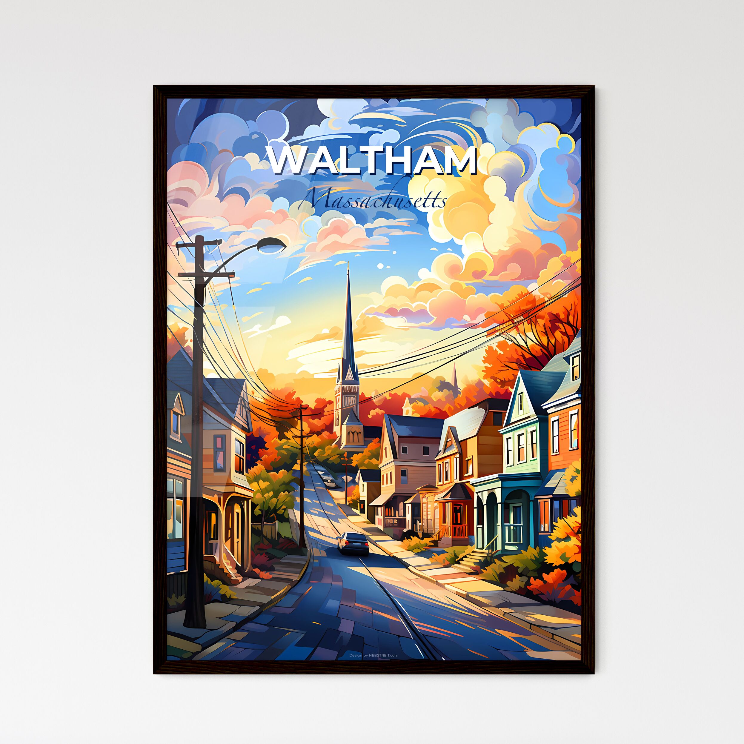 Waltham, Massachusetts, A Poster of a street with houses and a church ...