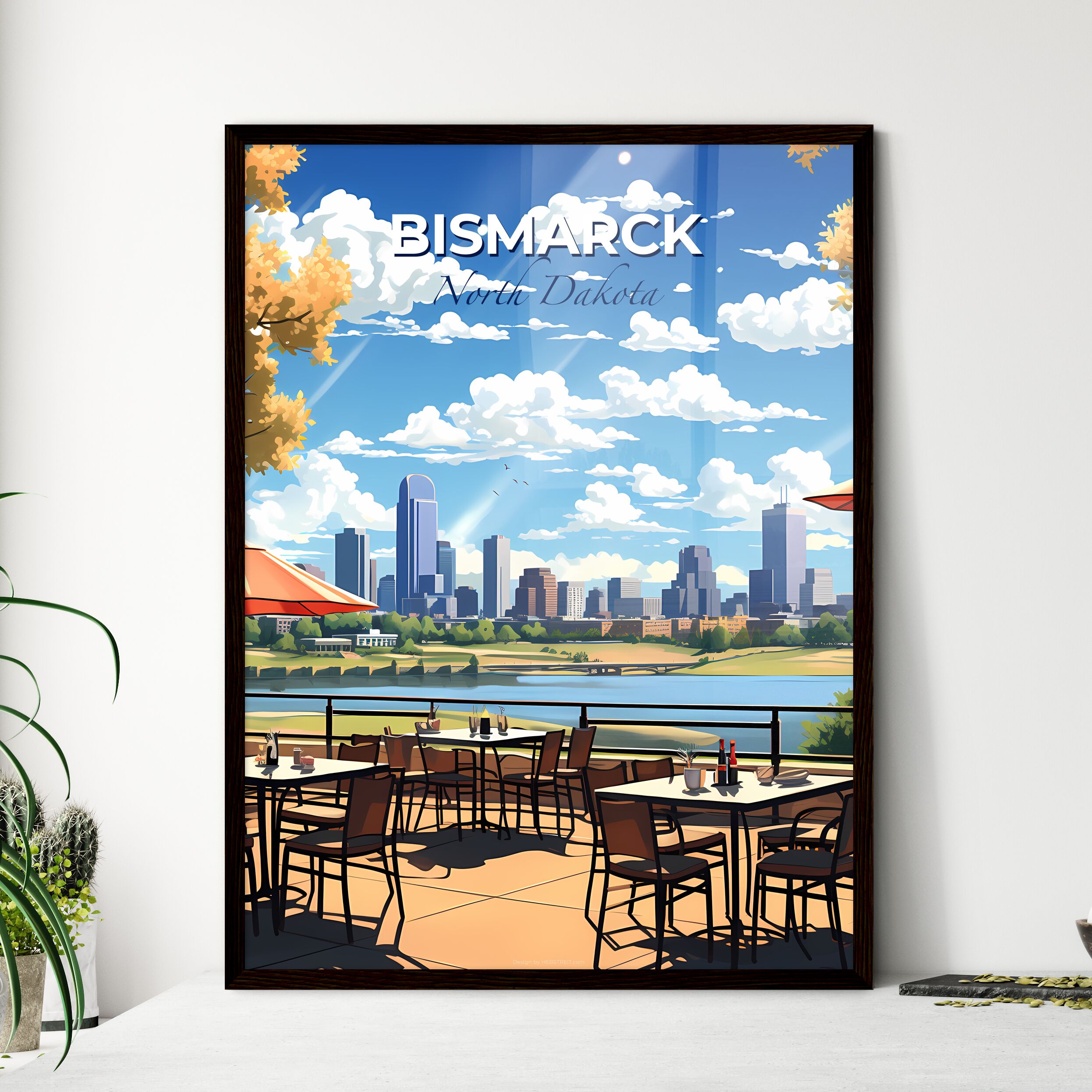 Bismarck, North Dakota, A Poster of a city skyline with a river and ...