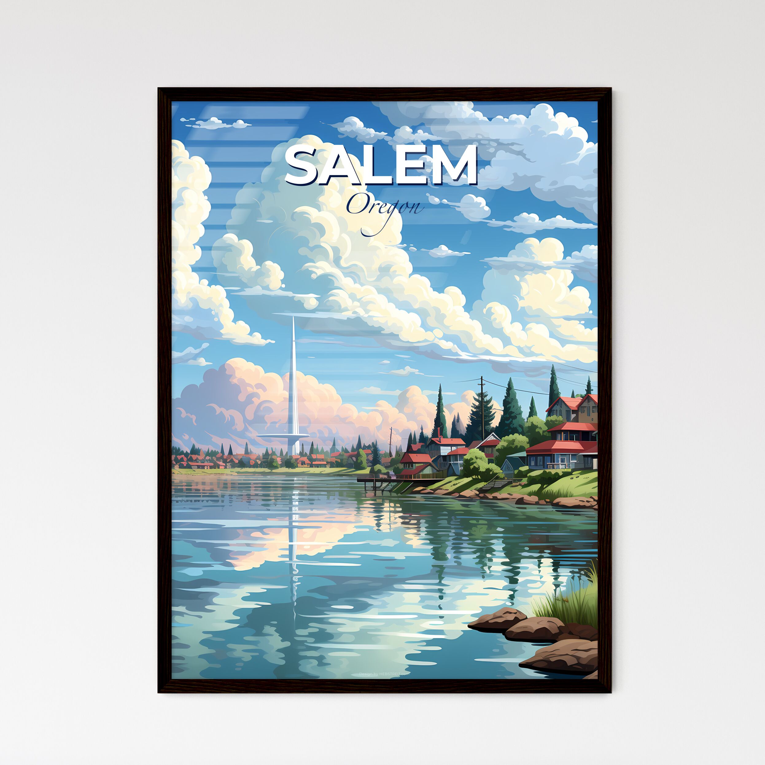 Salem, Oregon, A Poster of a landscape of a lake with houses and trees ...